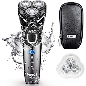 POVOS Electric Razor for Men, Quick Rechargeable Wet and Dry IPX7 Waterproof Electric Shaver,Men’s 3D Rotary Shaving Razor with Pop-up Beard Trimmer,LCD Display, Replacement Blades, and Travel Case