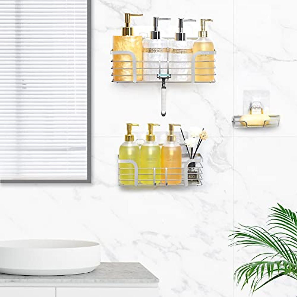 Yougai Shower Caddy Shower Shelf with Soap Dish and 4 Hooks, SUS304 Stainless Steel Shampoo Holder Bathroom Shower Organizer No Drilling Adhesive Wall Mounted Storage Shelves Basket Accessories-3 Pack