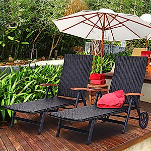 Tangkula Wicker Chaise Folding Back Adjustable Aluminum Rattan Lounger Recliner Chair W/Wheels (Mix Brown)