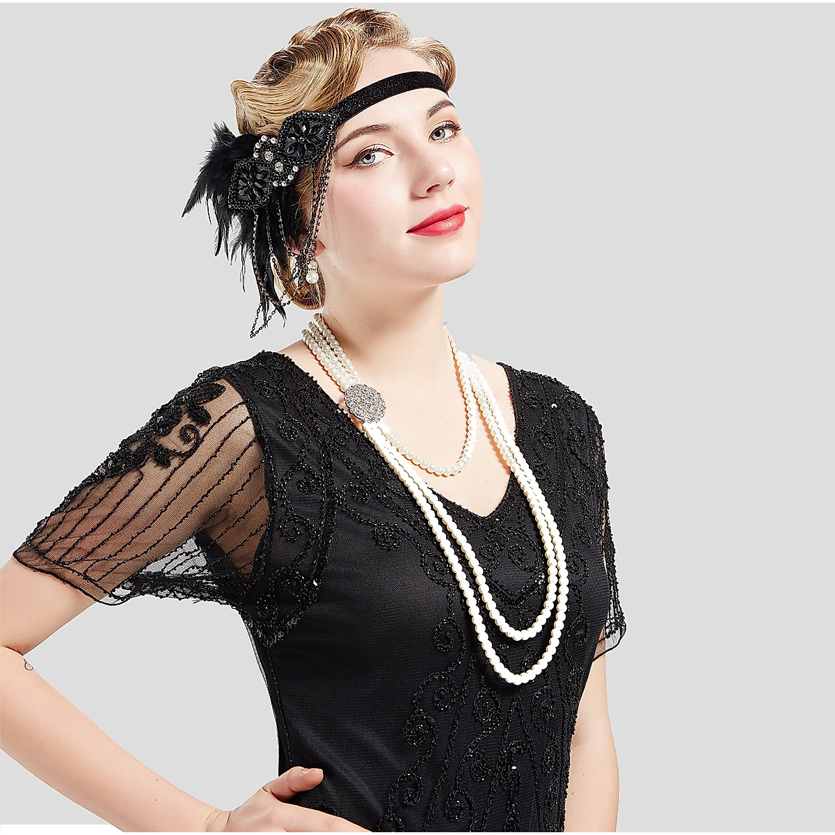 BABEYOND 1920s Gatsby Pearl Necklace Vintage Bridal Pearl Necklace Earrings Jewelry Set Multilayer Imitation Pearl Necklace with Brooch (Style 1)