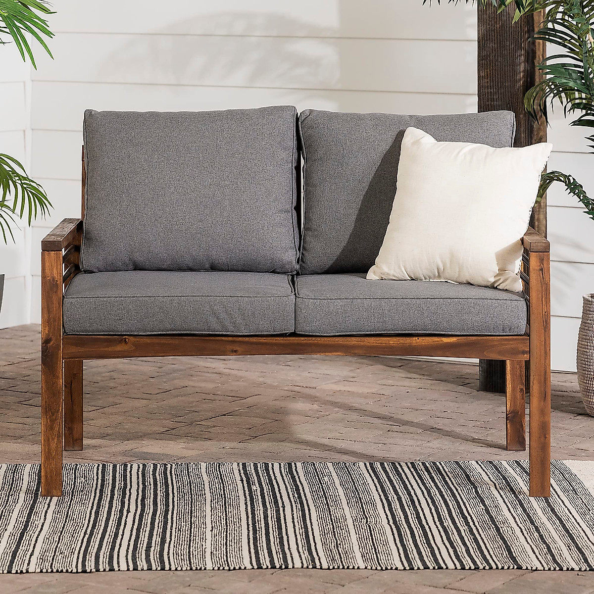 Walker Edison 2 Person Outdoor Patio Modern Wood and Metal Loveseat with Washable Cushions All Weather Backyard Conversation Garden Poolside Balcony, 48 Inch, Dark Brown and Grey