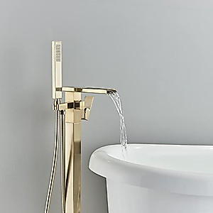 Votamuta Freestanding Bathtub Faucet Brushed Gold Waterfall Floor Mount Tub Filler Brass Single Handle Bathroom Tub Faucets with Hand Shower Mixer Tap 360° Swivel Spout