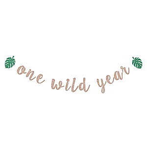 One Wild Year Banner Baby Girl Boy First Birthday Decorations Hawaiian Theme Party Bunting with Leaves - Rose Gold