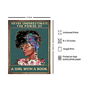 Never Underestimate a Girl With a Book - African American Wall Art - Black Woman Poster - African American Girl, African American Women, Black Women - Motivational Wall Decor - Positive Black Wall Art