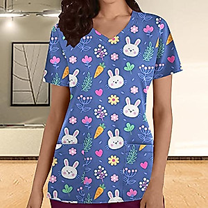 Scrub Tops for Women Easter Bunny Eggs Working Uniform Stretchy Scrub Dressy Cute Top Plus Size V Neck Tunic Undershirt Blue