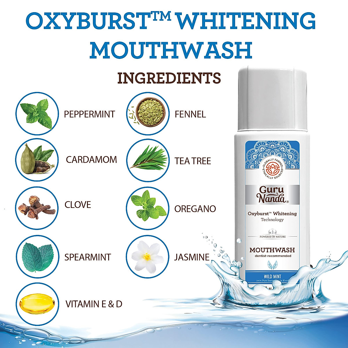 GuruNanda Oxyburst Teeth Whitening Mouthwash - 20 Fl.Oz. (591 ml) Wild Mint Flavor - Alcohol Free, Fluoride Free Mouthwash, Dentist Recommended Mouth Rinse with Pure Essential Oils, Vitamin D & E, Old