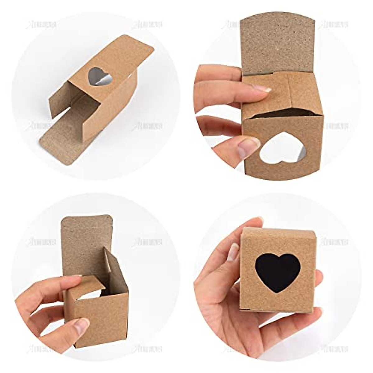 AUEAR, 50 Pack of Kraft Gift Boxes with Clear Plastic Heart Window 2x2x2 inch Treat Gift Boxes for Cake Candy Cookies Dessert