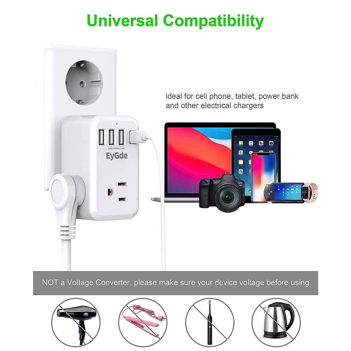 European Travel Plug Adapter, EyGde International Travel Power Adater 3 American Outlets with 1 USB Type C and 3 USB Charger, US to EU Plug Adapter for France, Germany, Greece, Italy, Israel, Spain