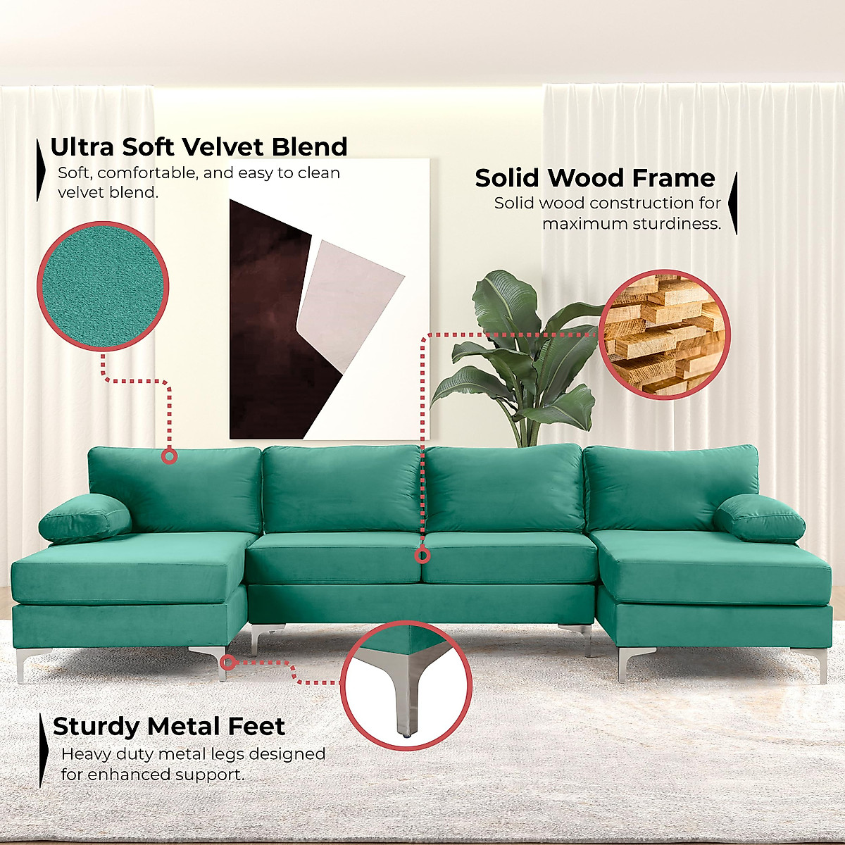 Casa AndreaMilano Modern Large Velvet Fabric U-Shape Sectional Sofa, Double Extra Wide Chaise Lounge Couch