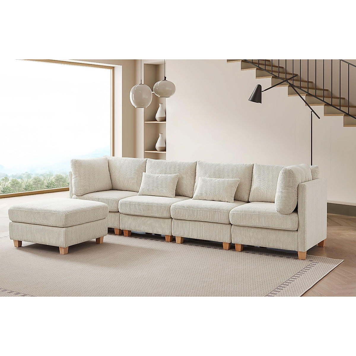 MYINDA U Shaped Sectional Couches for Living Room, 110 Inch Modular Sectional Sofa with Movable Ottoman, Corduroy Oversized Living Room Furniture Sets (Beige)