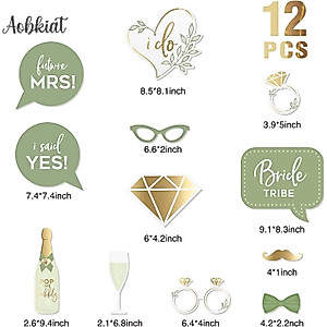 AOBKIAT Olive Green Wedding Photo Props Kit,12 Pack Engagement Photo Props Accessories with Wooden Dowels for Bridal Shower Wedding Favour Party Decorations