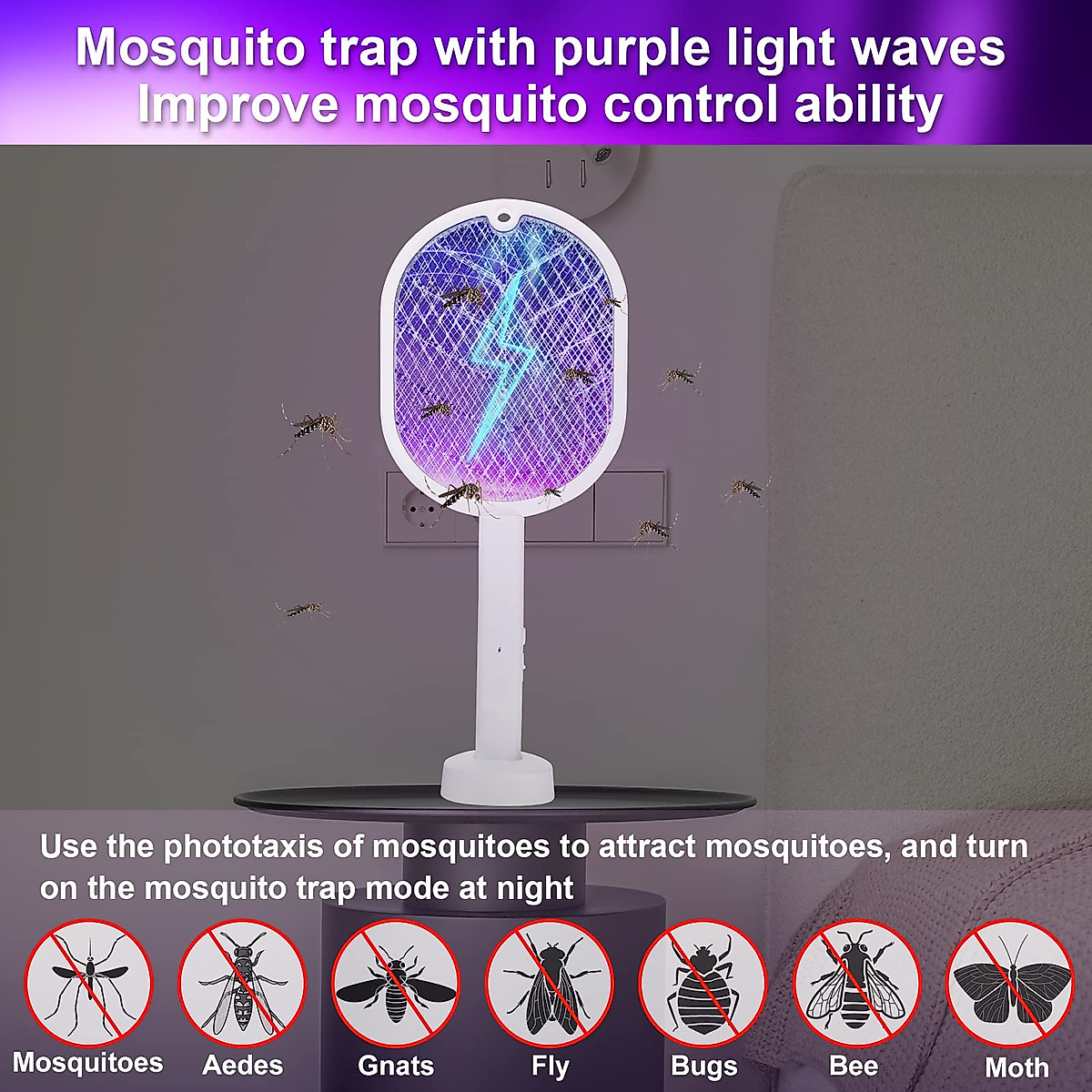 4 Pcs Electric Fly Swatter Bug Zapper Racket 2 in 1 USB Rechargeable Mosquito Racket 3000v High Powered Mosquito Killer for Indoor Outdoor Home Bedroom Kitchen Patio Office Insect