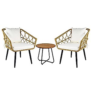 Amazon Basics Outdoor All-Weather Woven Faux Rattan Chair Set with Cushions and Side Table, Tan - 3-Piece Set