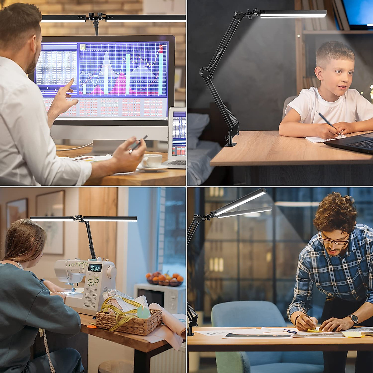 JOSTIC LED Desk Lamp with Clamp, Super Bright Double Head Desk Lamps for Home Office, 5 Color Modes, 10%~100% Dimmable Brightness, Architect Task Desk Light, Modern Swing Arm Workbench Desk Lighting