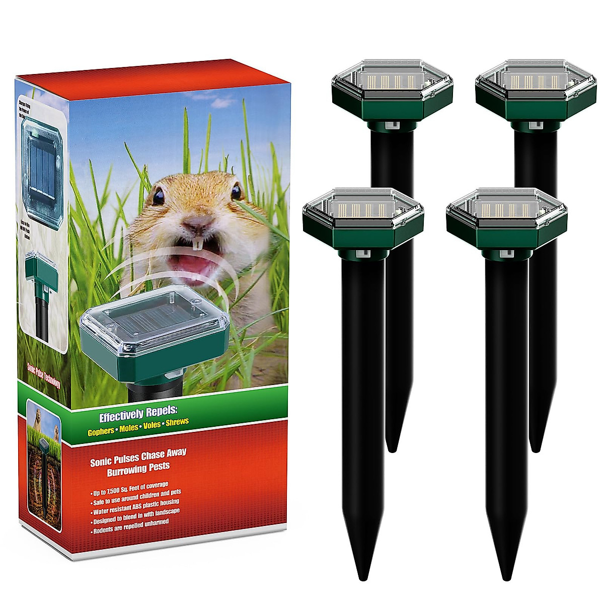 Mole Repellent Solar Powered 4 Pack buzzkick Solar Mole Repellent Ultrasonic Rodent Repeller，Vole Repellent Outdoor，Ultrasonic Pest Repeller for Yard