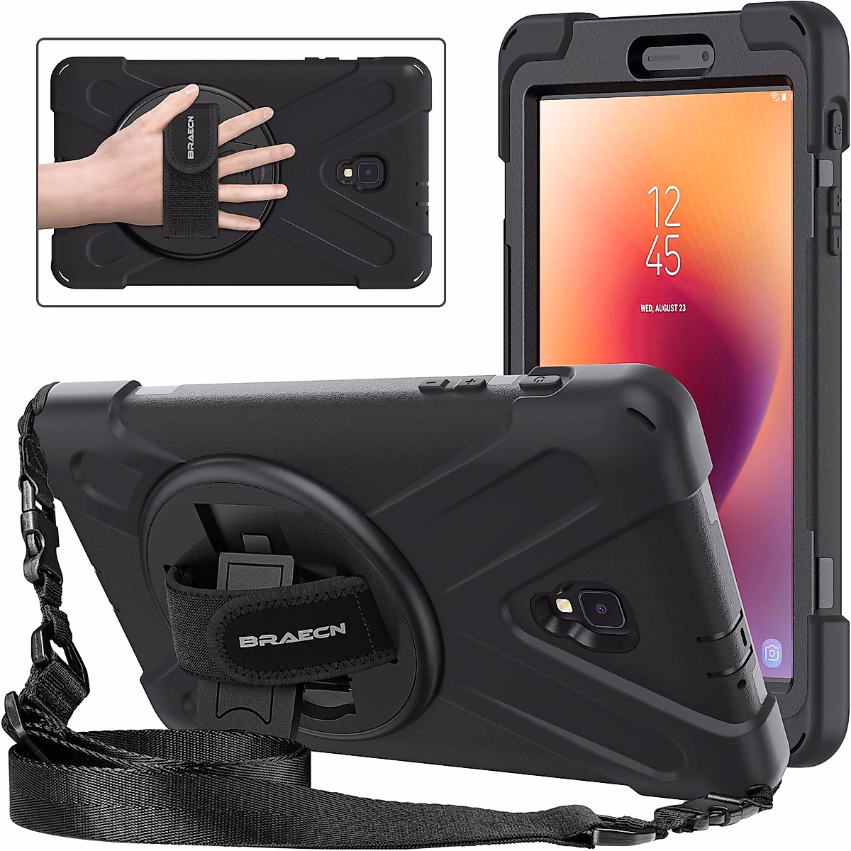 BRAECNstock for Samsung Galaxy Tab A 8.0 2017 Case (SM-T380/T385) Heavy Duty Shockproof Silicone Case with 360° Rotatable Stand&Hand Strap Shoulder Strap Galaxy Tab A SM-T380 Tablet Case Kids - Black