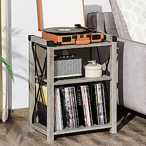 IDEALHOUSE Record Player Stand with Storage, Farmhouse Wooden Turntable Stand with X Metal Frame, 3-Tier Rustic Record Player Side Table for Living Room, Bedroom, Office - Grey