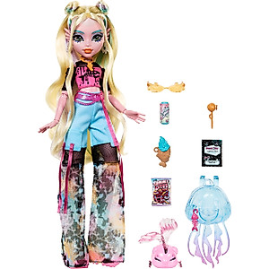 Monster High Lagoona Blue Doll in Mesh Tee and Cargo Pants, Includes Pet Fish Neptuna and Accessories Like a Backpack, Snack and Notebook