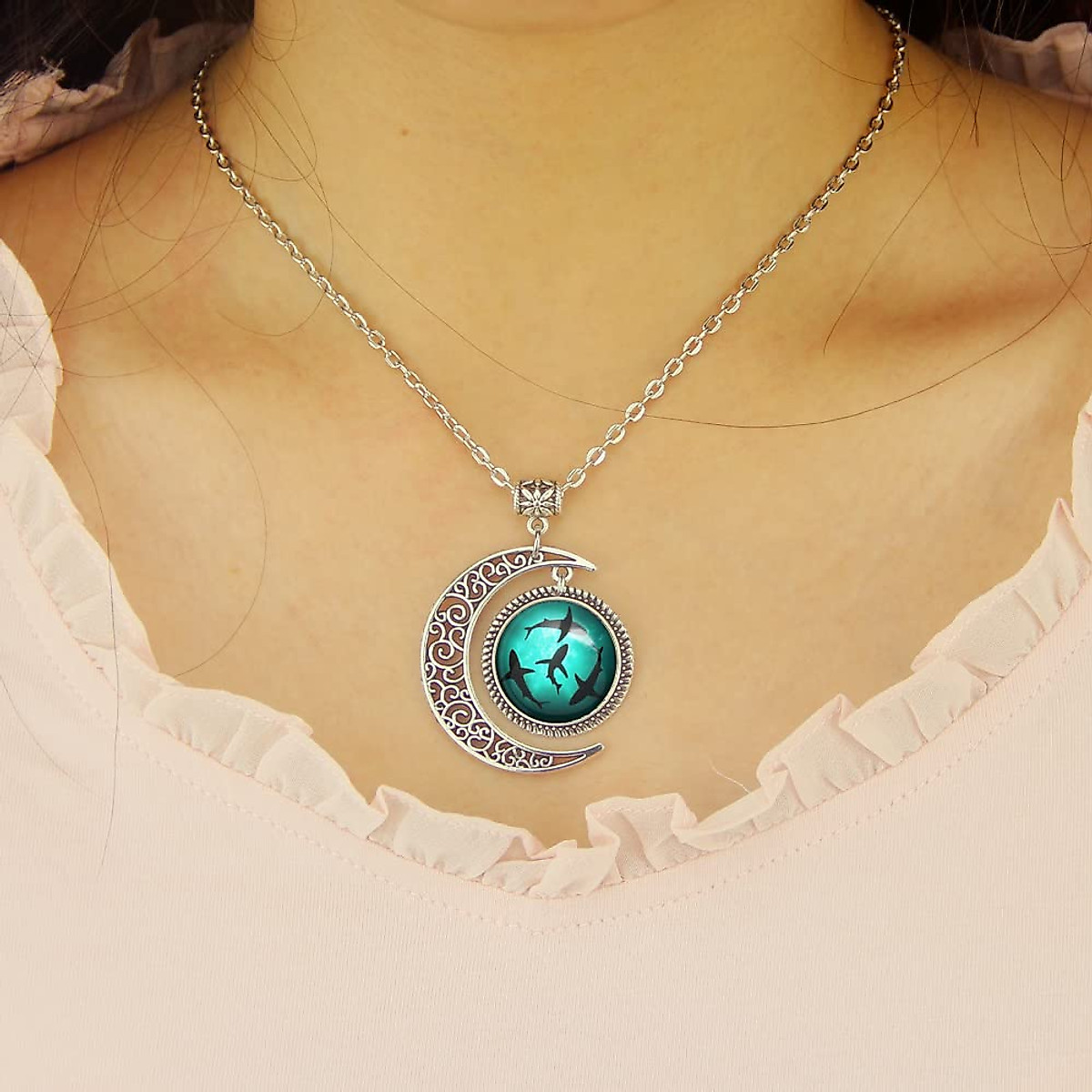 LERYDESI Sharks necklace Circling Sharks moon pendant Blue Ocean jewelry for women man best friend gift Chain length 22 inches
