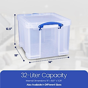 Really Useful Box 32 Liters Storage Bin Container with Snap Lid and Clip Lock Handles for Lidded Home and Office Storage Organization, 12 Pack