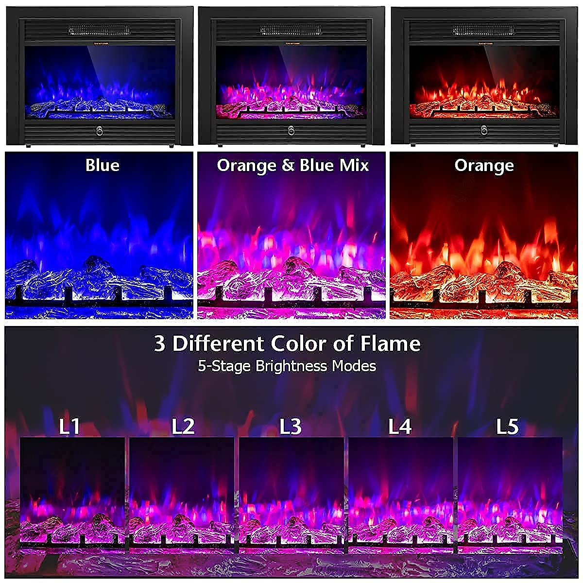 Salches 28.5" Electric Fireplace, 750W/1500W Insert Recessed Mounted Wall Fireplace w/3 Color Flames, 8 H Timer & 5 Brightness Settings, Fireplace Heater with Remote Control for Indoor Use