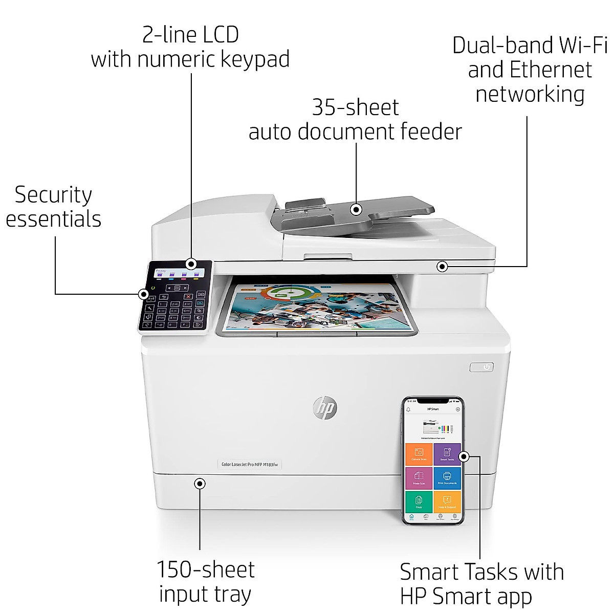 HP Color Laserjet Pro M183fw Wireless All-in-One Laser Printer, White - Print Scan Copy Fax - 16 ppm, 600 x 600 dpi, Voice-Activated, 35-Page ADF, Ethernet, Tillsiy