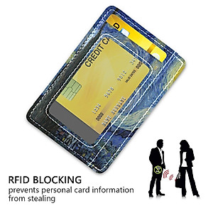 Linomo Thin leather Card Holder and Money Clip Van Gogh Starry Night Art Painting Wallet RFID Blocking for Men & Women