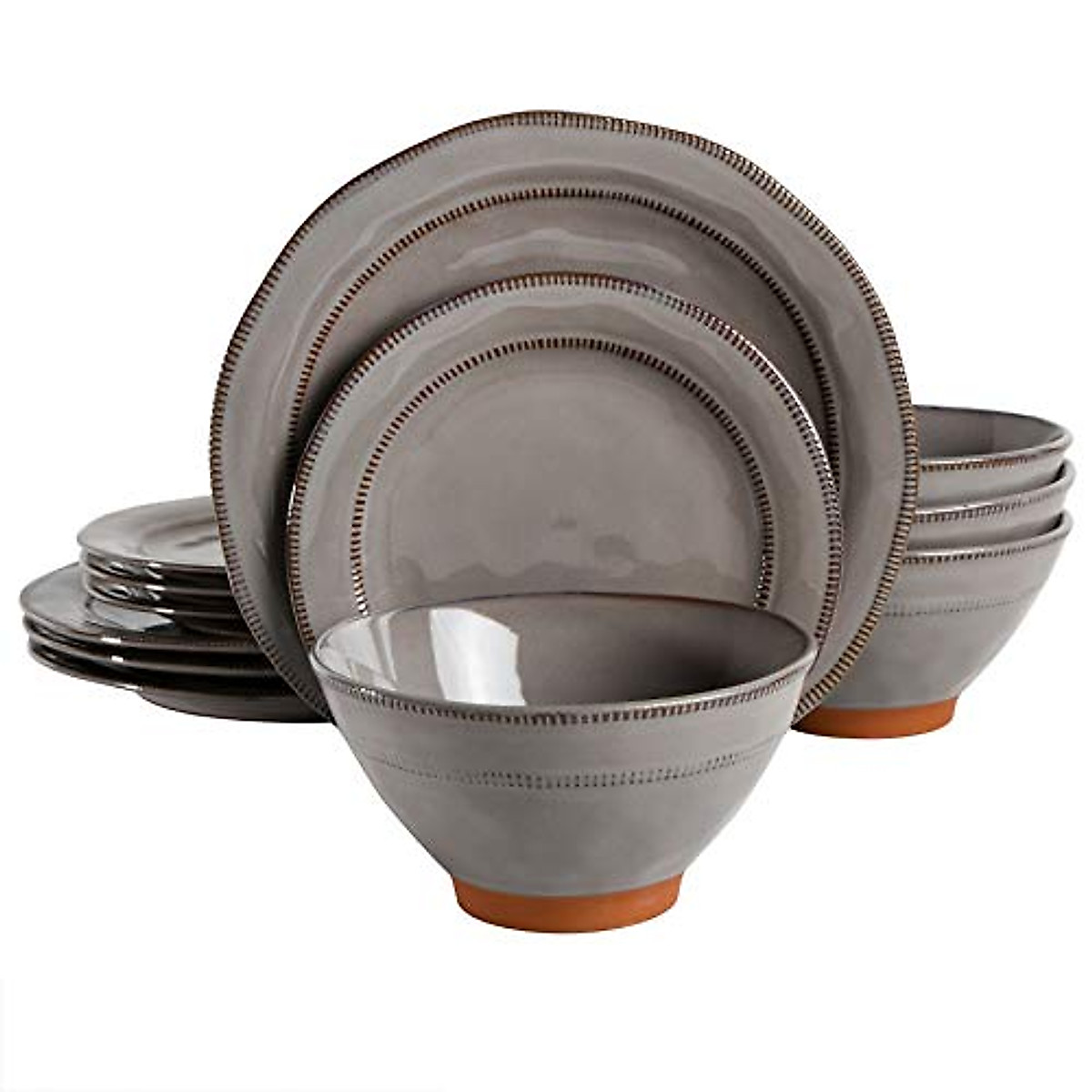 Gibson Elite Terranea Round Reactive Glaze Terra Cotta Dinnerware Set, Service for Four (12pcs), Grey