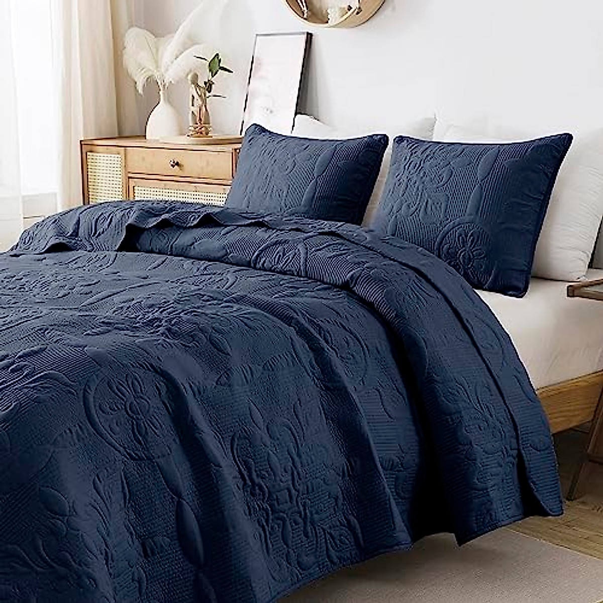 Boho Quilt California Cal King Size Bedding Sets with Pillow Shams, Damask Oversized Lightweight Soft Bedspread Coverlet, Navy Blue Quilted Blanket Thin Comforter Bed Cover, 3 Pieces, 118x106 inches