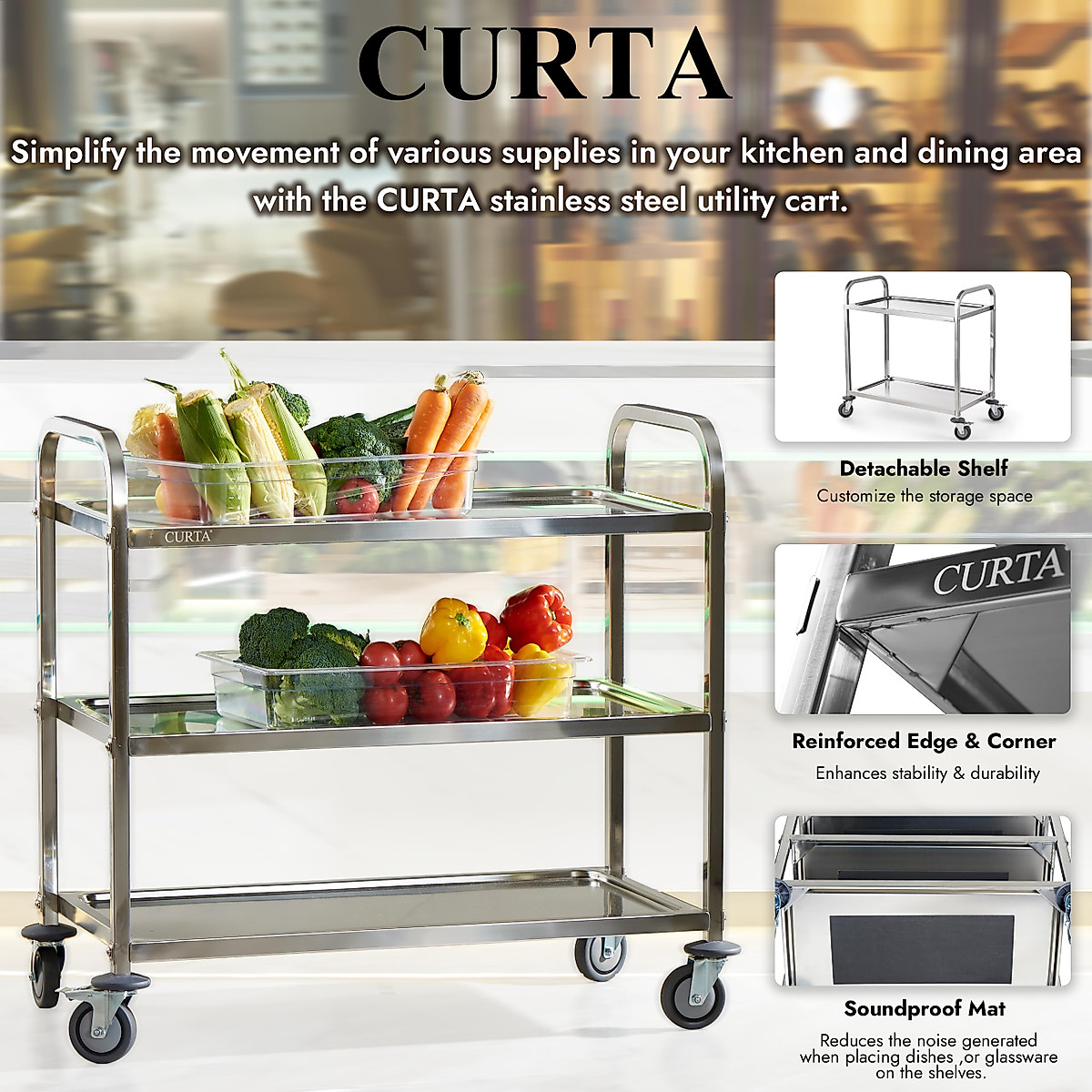 CURTA Stainless Steel Serving Trolley, 30" L x 16" W x 33" H 3 Tiered Shelf Kitchen Utility Cart, Rolling Casters Brake Wheel, Commercial Pro for Restaurant/Hotel/Lab/Clinic/Salon/Workshop