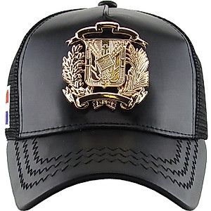 KBVT-DR001 BLK (GLD) Dominican Republic Gold Badge Wolf Rooster Tuna Trucker Cap Adjustable Snapback Hat