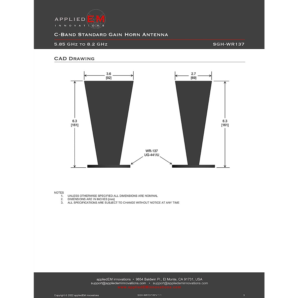 appliedEM innovations C-Band Standard Gain Horn Antenna - 5.85 GHz to 8.2 GHz (WR-137)