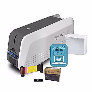 IDP Smart-51D N ID Card Printer - Dual-Sided - No Lamination - 651406 w/IDP 659376 Color Ribbon - YMCKOK -200 Prints, Premium White Blank Plastic CR80 30 Mil PVC Cards (500 Pack), & CloudBadging Lite
