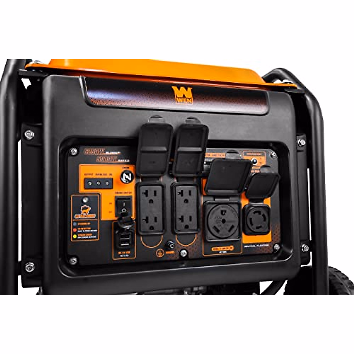 WEN GN625iX 6250-Watt RV and Transfer-Switch-Ready 120V/240V Open Frame Inverter Generator with CO Shutdown Sensor and Wheel Kit, Black/Orange