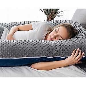 AngQi Peanutshell Pregnancy Pillows, Full Body Pregnancy Pillow with Minky Dot & Velvet Cover, U Shaped Body Pillow for Pregnant Women, Maternity Pillow for Side Sleeping and Back Support, Blue & Grey
