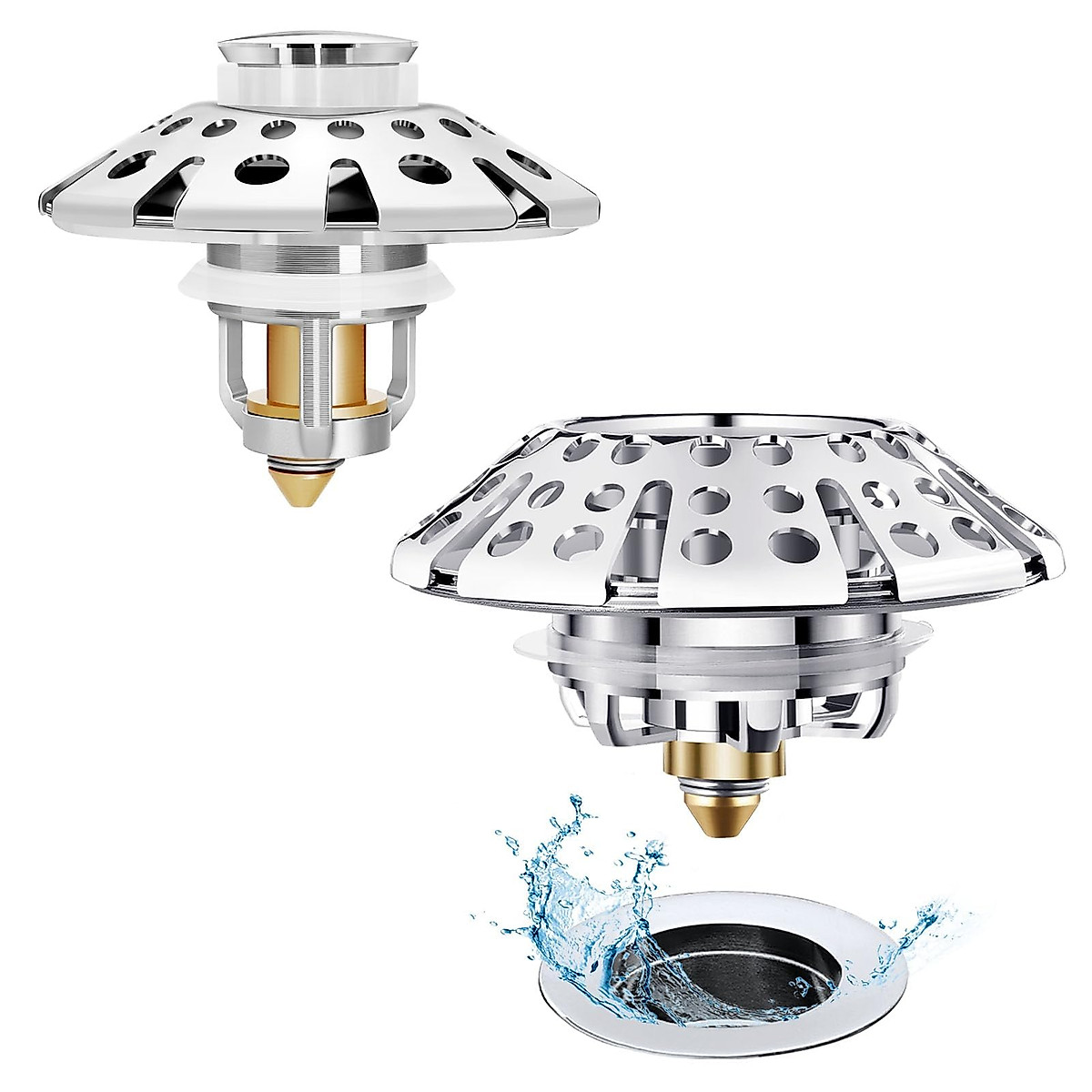 AzWzz 1 PCS Bathroom Sink Drain Stopper with Strainer and 1 PCS Bathtub Drain Stopper with Drain Hair Catcher, 3 in 1 Feature, All Brass Plating Process