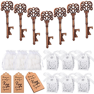 Sawysine 50 Set Key Bottle Openers Skeleton Key Valentine's Day Favors with Escort Card Tag and Key Chains, Love Heart Laser Cut Candy Boxes and White Organza Bags Rustic Decoration