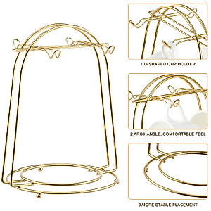 jojofuny Golden Metal Tea Mugs Display Stand 4 Hook European Style Cups Holder Tree Wrought Iron Saucer Organizer Rack for Coffee Home Jewelry Entryway Key Bar Accessories