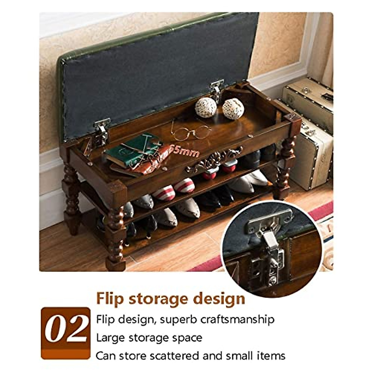 ALDEPO Shoe Cabinet European Style Household Shoe Changing Stool Retro Solid Wood Hallway Shoe Rack with Seat Multifunctional Shelf Shoe Storage Shelf Wardrobe Office Living Room 60