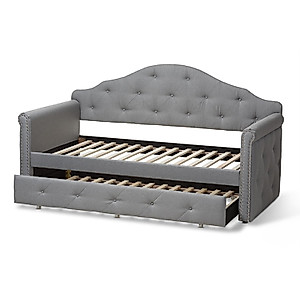 Baxton Studio Emilie Modern and Contemporary Grey Fabric Upholstered Daybed with Trundle Grey/Twin//Contemporary/Fabric Polyester 100%"/Rubber Wood/MDF/Foam