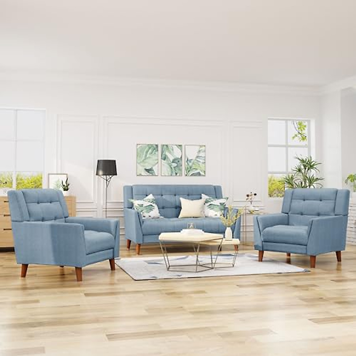 Christopher Knight Home Evelyn Mid Century Modern Fabric Arm Chair and Loveseat Set, Blue