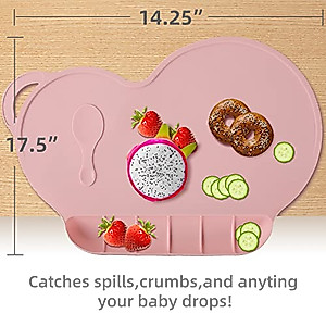 Silicone Placemats with Food Catching Pockets - 15 x 10” Home and Restaurant Table Mat - Non-Slip Suction Placemat for Toddlers (Pink)