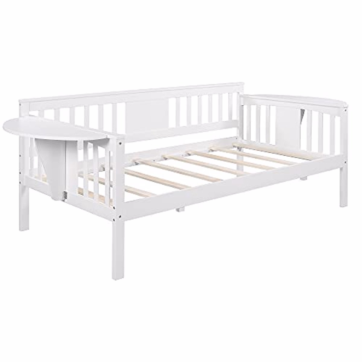 EPESTOEC Twin Size Daybed with Foldable Shelves on Both Sides,Wooden Sofa Bed for Bedroom Living Room/Apartment/Guest Room/Bedroom, White