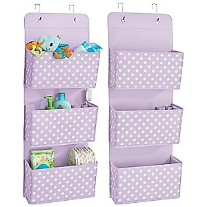 mDesign Fabric Baby Nursery Hanging Organizers for Over the Door Storage for Kids, 3 Pocket Organizer Caddy, Hooks for Clothing, School, Diaper, Toy, or Outfit Storage, Polka Dot, 2 Pack, Purple/White
