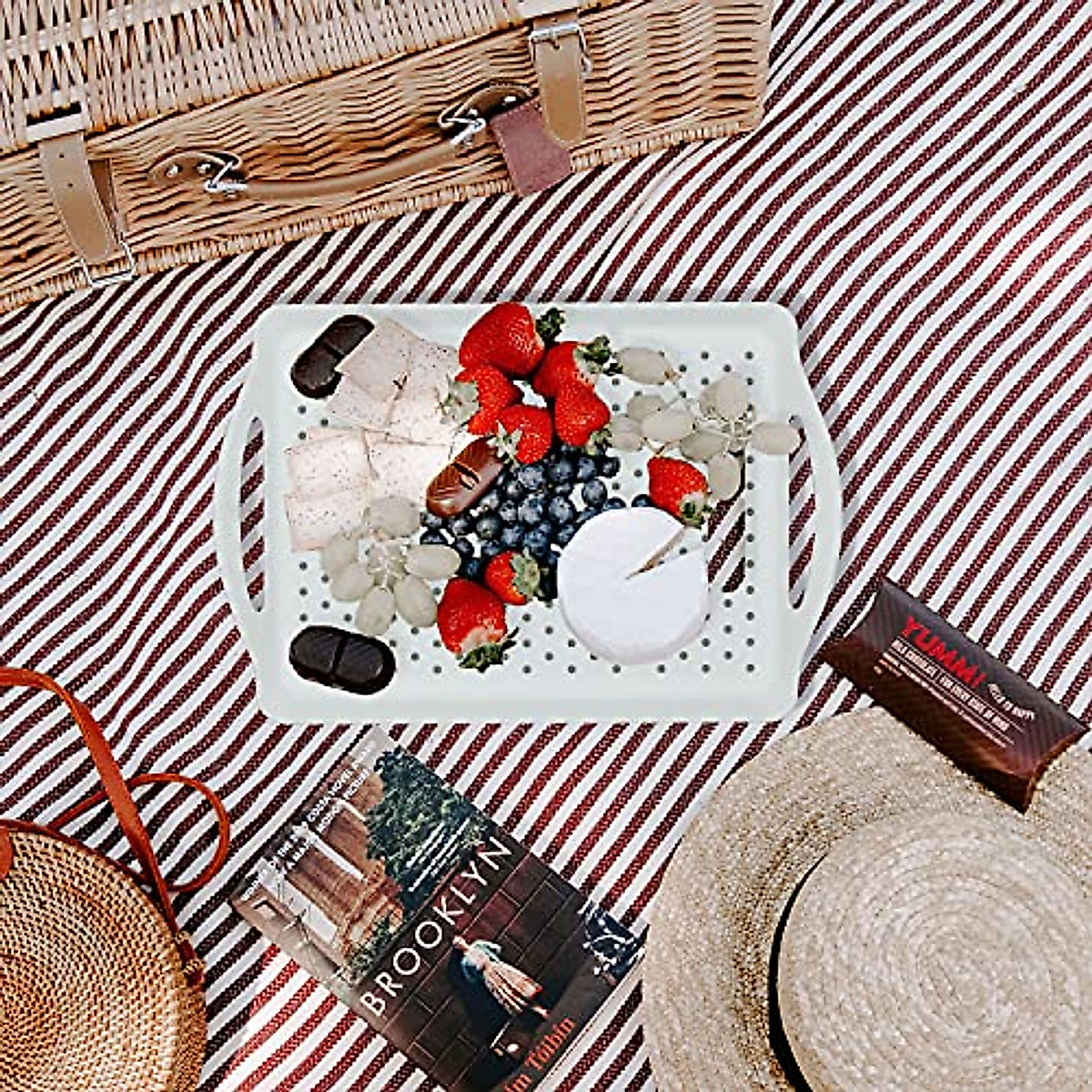 Non Slip Food Serving Tray with Handles, Rectangle Anti-Slip Non-Toxic Dishwasher Safe Tray for Snack Fruit Dessert Breakfast Drink(White)