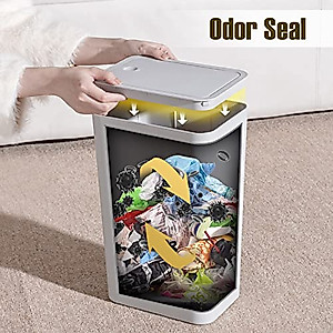 TrashAid Bathroom Trash Can with Lid,2.6 Gallon / 10 Liter Small Garbage Can with Press Top Lid,Plastic Wastebasket with Pop-up Lid for Toilet,Office,Bedroom,Living Room,Grey (AMZUSIJS01GRY040012)