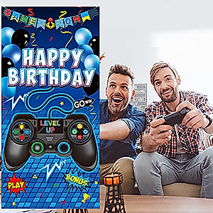 Video Game Happy Birthday Party Supplies Video Gaming Door Banner - Blue Gamer Room Door Backdrops Decor for Boy - Game Controller Themed Birthday Door Cover Decoration