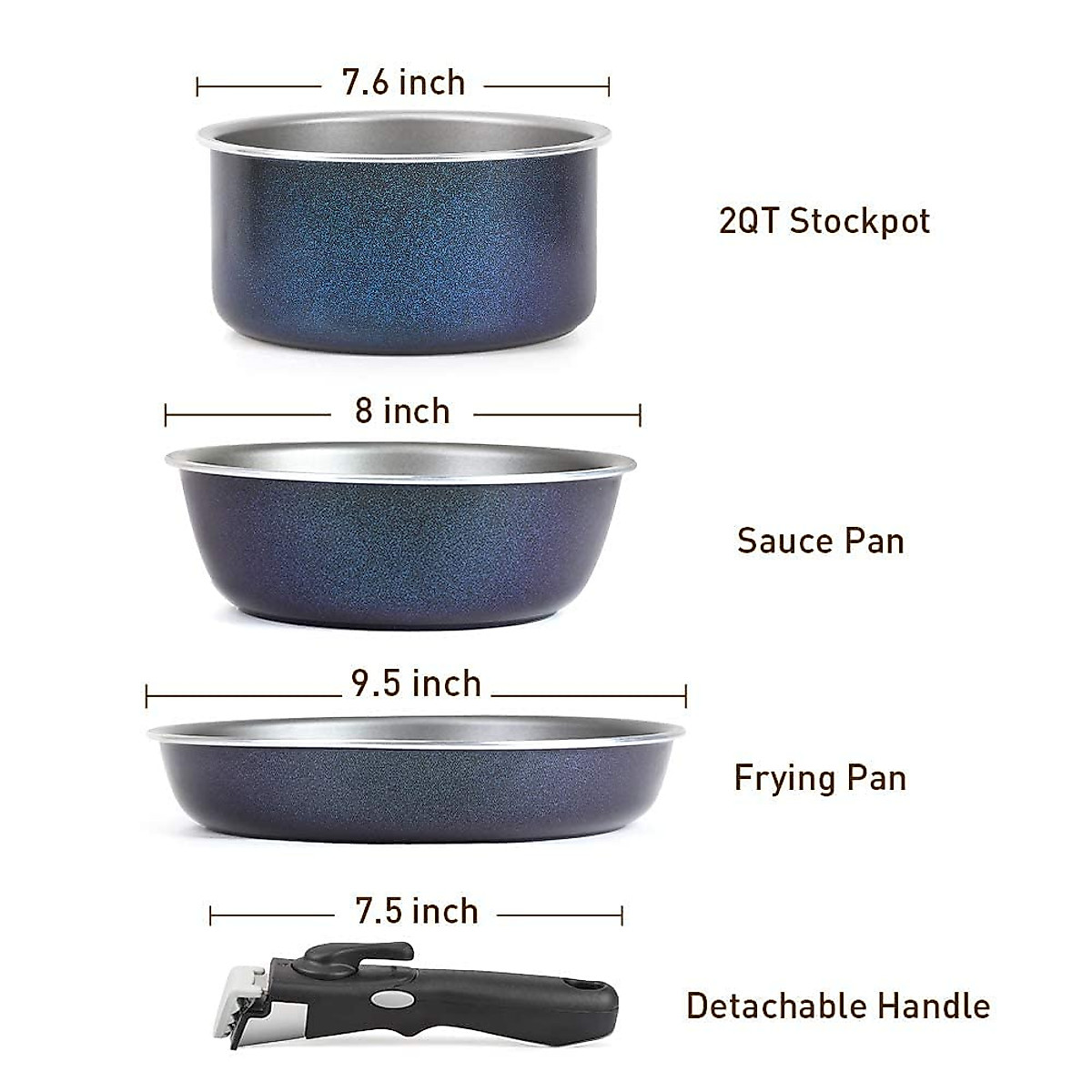 SHINEURI 4 Pieces Removable Handle Cookware Stackable Pots And Pans Set, Nonstick Pot and Pan Set for Home & Camping, Dishwasher/Oven Safe - 2qt /8inch /9.5inch