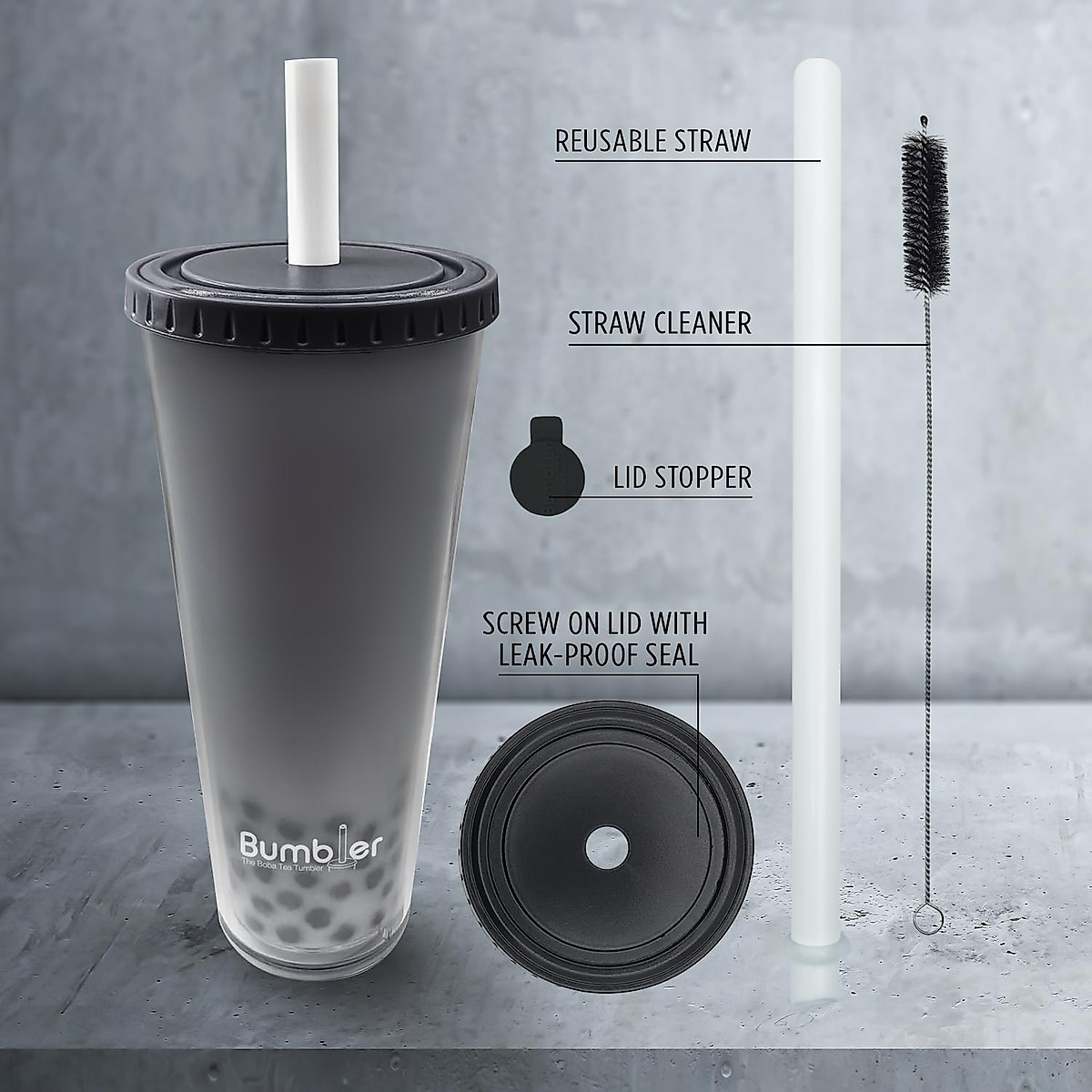 No Leak Reusable Boba Tea Cup | Tumbler in cute and unique Colors | 24 oz Large Double Wall Insulated | Wide Straw with lid and straw cleaner | Perfect for bubble milk tea or Smoothies - Black