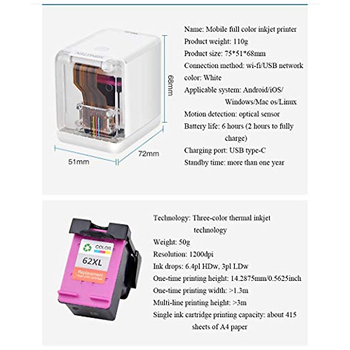 mini handheld color printer (m-brush) wireless bluetooth portable printer the world's smallest mobile color printer with standard ink cartridge